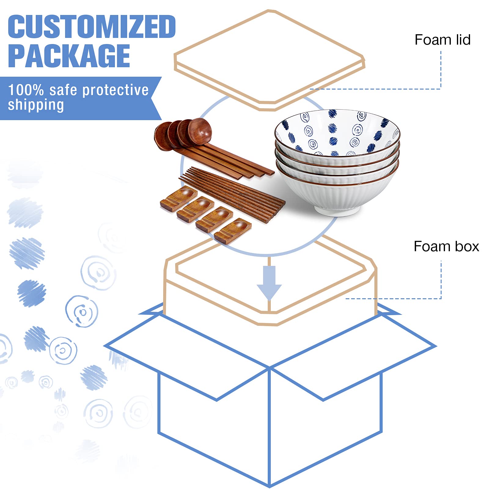 4 Sets Ceramic Japanese Ramen Bowls 40 Ounce Large Ceramic Noodle Serving Bowl with Spoons, Chopsticks and Chopstick Stands for Soup, Cereal, Rice, Udon, Asian Noodles, Blue and White (Stripe Style)