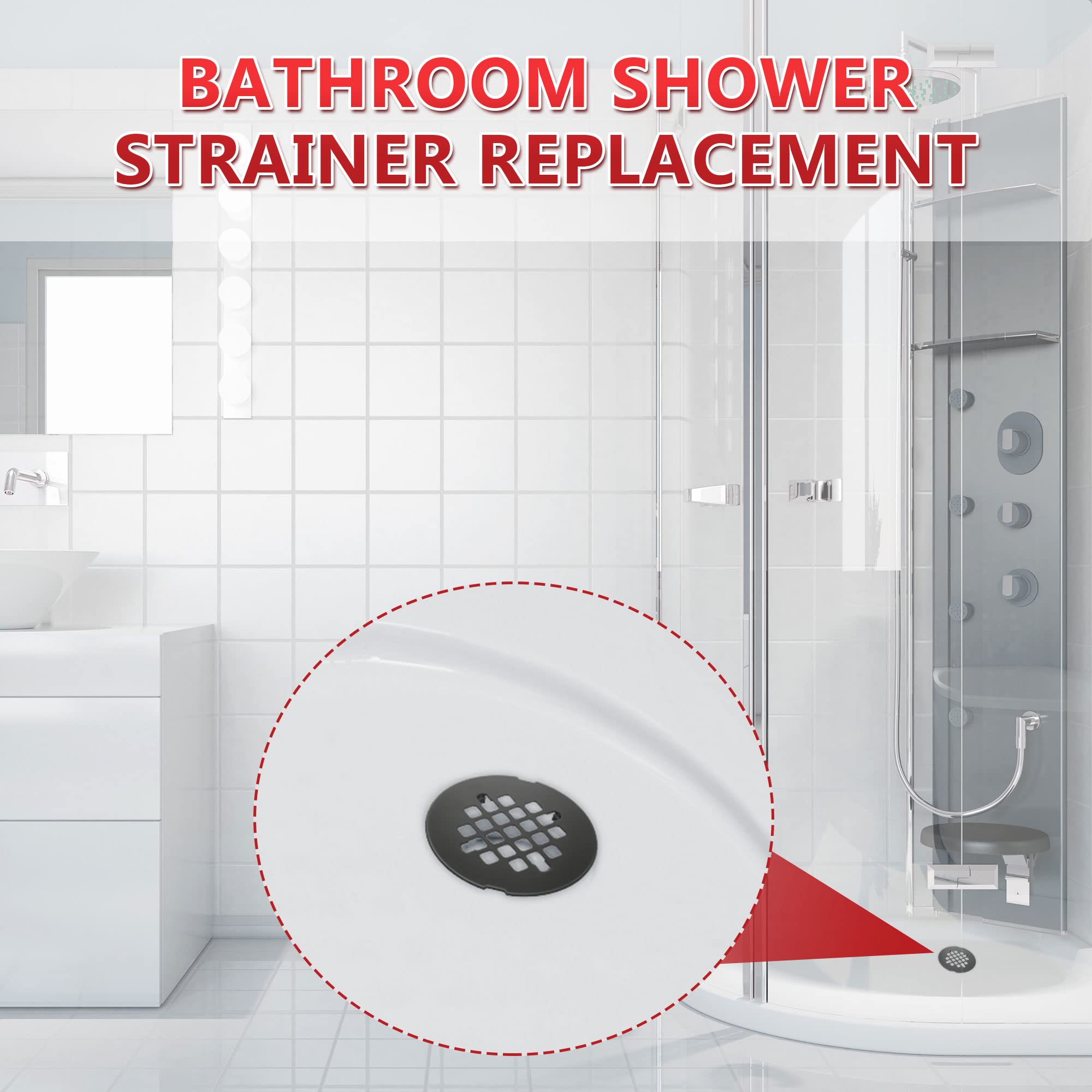 4-1/4" OD Shower Drain Assembly, Snap in Shower Base Drain and Matte Black Round Grid Strainer Cover, Fits 2 in. Schedule 40 ABS and PVC Pipes, Stainless Steel Cap, ABS Drain Base