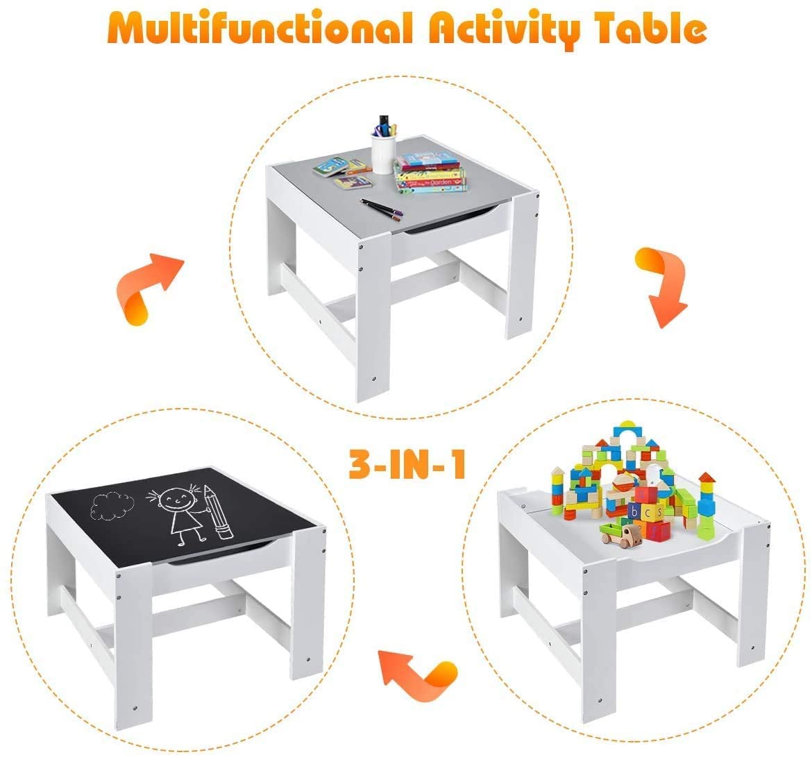 Fireflowery, 3-in-1 Wooden Activity w/Storage Drawer & Detachable Blackboard, 3-Piece Square Children Art Desk, Toddler Table&Chairs Kids Table and Chair Set, Large, Grey