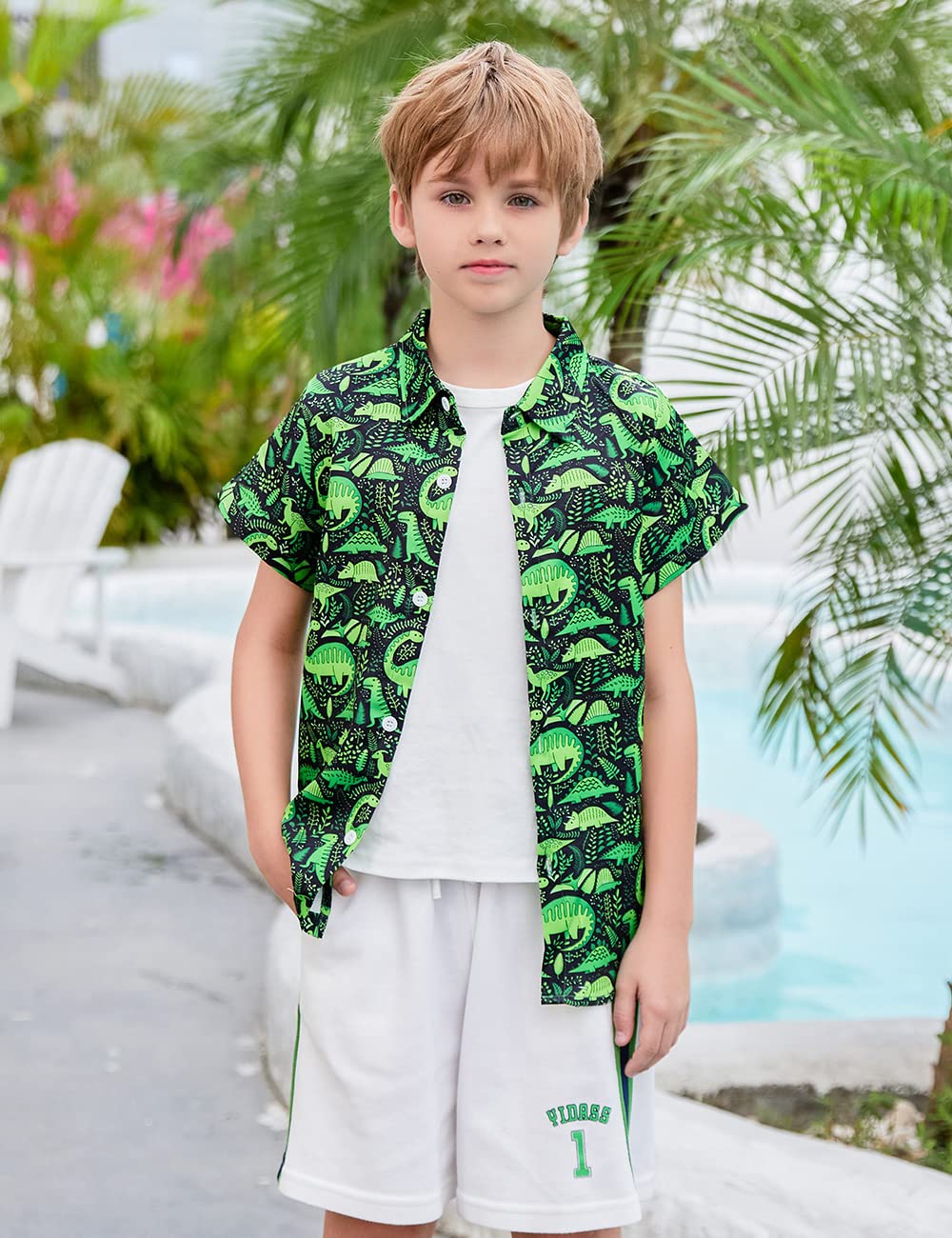 uideazone 5 Years Dinosaur Green Boys 3D Printed Holiday Button Down Shirt Novelty Tropical Themed Hawaiian Tops Clothes for Boys 5-6T