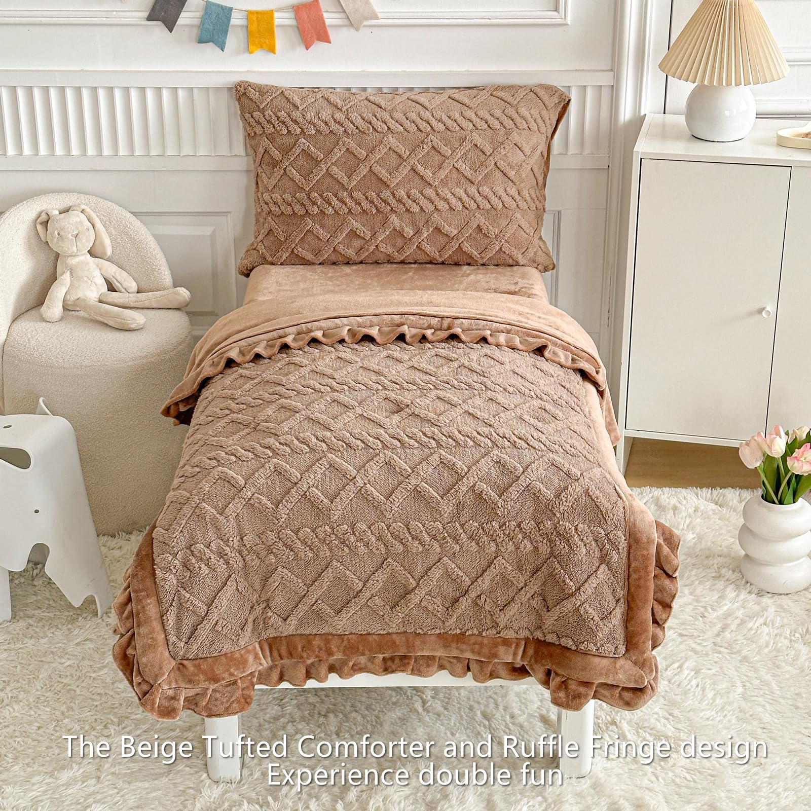 AIKASY Velvet Toddler Bedding Set 4 Piece -Jacquard Plush and Ruffled Fringe Comforter, Flat Sheet, Fitted Sheet and Pillowcase- Suitable for Boys and Girls (Coffee)