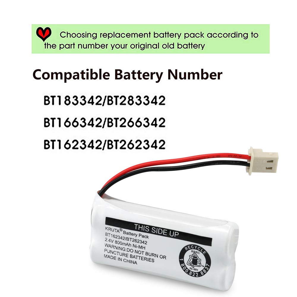 Kruta BT162342/BT262342 2.4V 800mAh Ni-MH Cordless Phone Battery Pack, Also Compatible with BT183342/BT283342 AT&T EL52351 TL90070 VTech CS5119 DS6511 DS6722 LS6305 Handset, 2-Pack