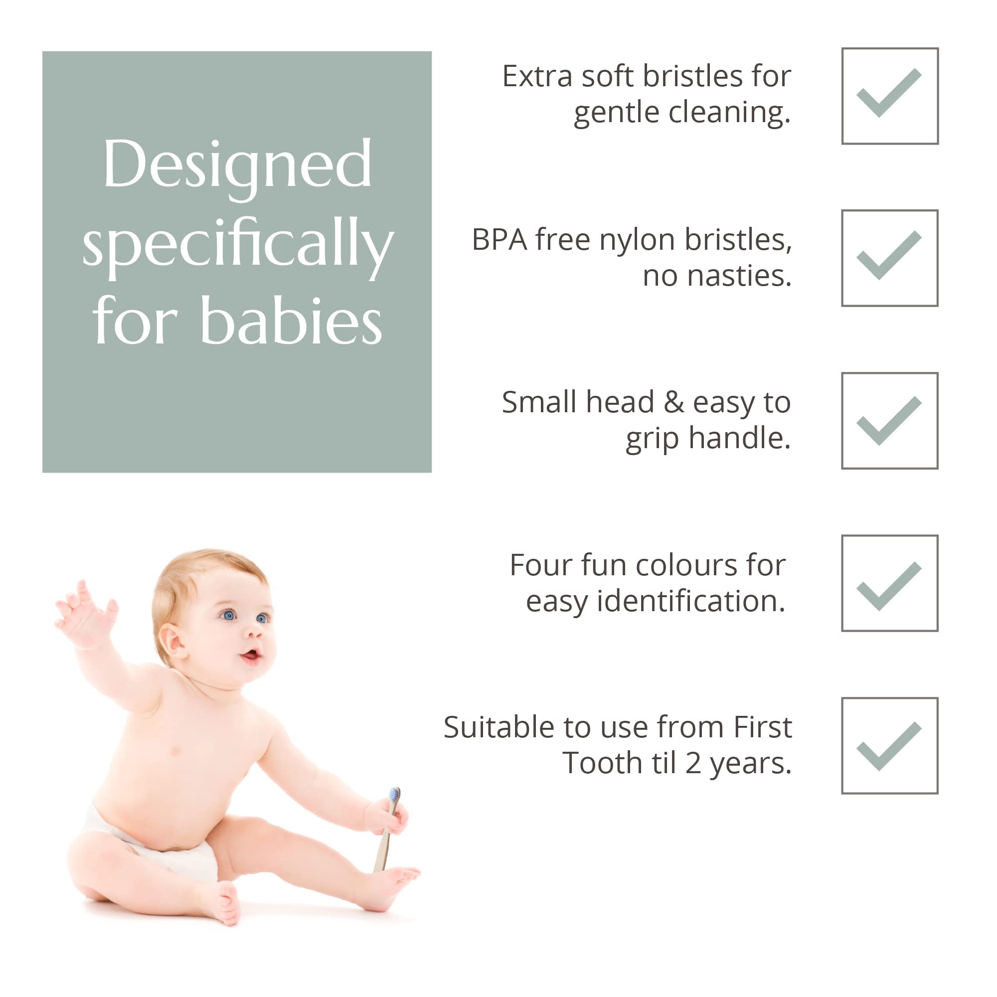 Wild & Stone Organic Baby Bamboo Toothbrushes | 4 Pack | Soft Bristles | 100% Compostable Handle | BPA Free | Vegan Baby Toothbrushes (Multicolour)