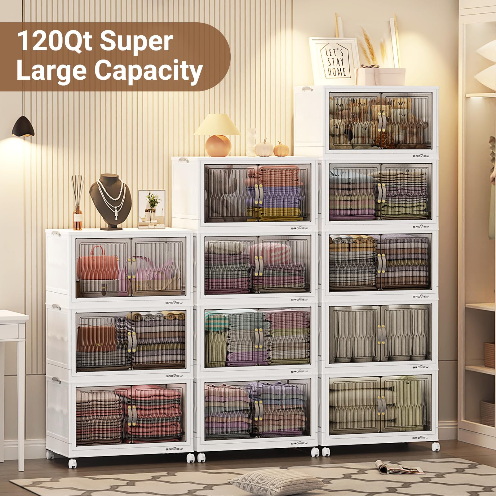 BROVIEW 120 Qt Stackable Storage Bins with Lid, Closet Organizer and Storage Drawers, Collapsible Storage Box with Wheels, Plastic Clothes Storage Cabinet Cubes Shelves Home Organization, 3Pack White