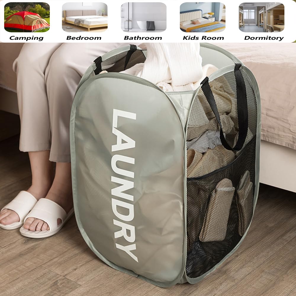 75L 2pcs Pop-Up Laundry Basket - Mesh Pop-Up Dirty Laundry Basket with Side Pockets for Space Saving - Portable and Versatile Laundry Storage Organizer for Bathroom and Home (gray+black)