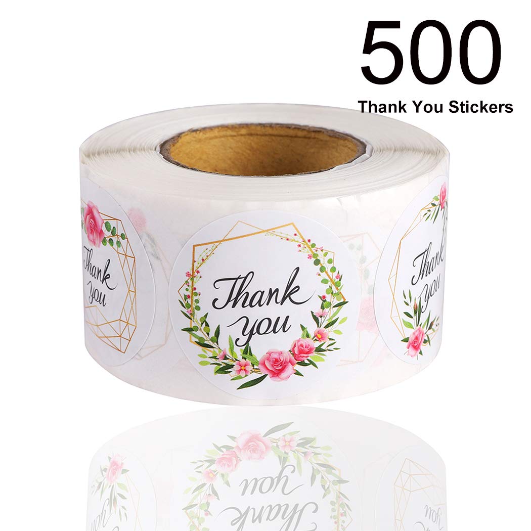 500 Thank You Label Stickers 1.5" Round 4 Rose Floral Design Packaging for Birthdays/Wedding//Party Gifts/Envelopes/Boutiques