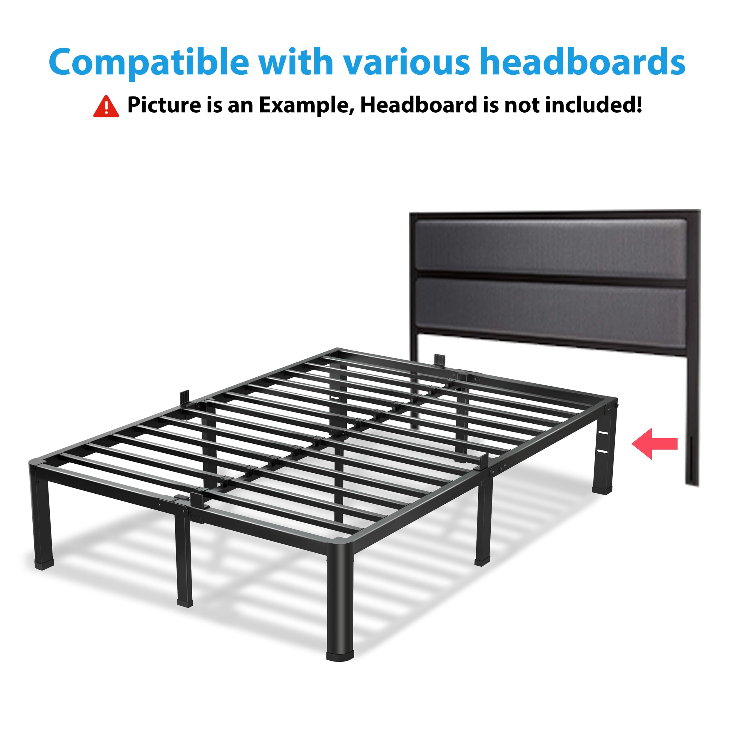 VIPSHOW 18 Inch Queen Bed Frame, 3500Lbs Heavy Duty Metal Platform with Round Corner Legs Mattress Slide Stopper, Steel Slat Support No Box Spring Needed, Noise Free, Non-Slip, Easy Assembly