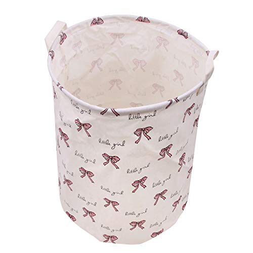 Jacone Large Laundry Basket Canvas Fabric Waterproof Cylindric Laundry Hamper Storage Basket with Handles, Decorative and Convenient for Kids Bedroom (Bowknot)