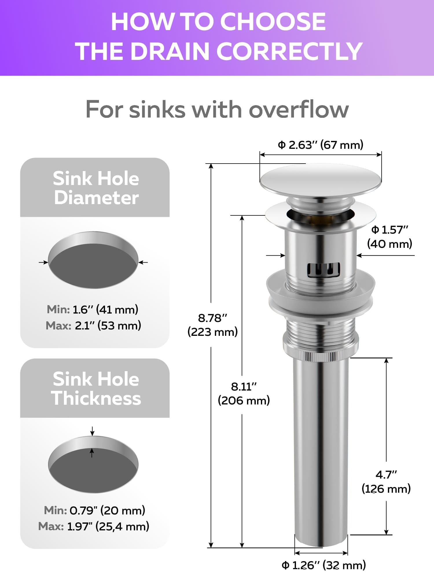 Premium Pop Up Drain with Overflow 1.6"- 1.9" Universal Bathroom Drain Kit - Chrome Bathroom Sink Drain with Overflow All Metal Rustproof Brass and 304 Stainless Steel - Push Button Sink Drain