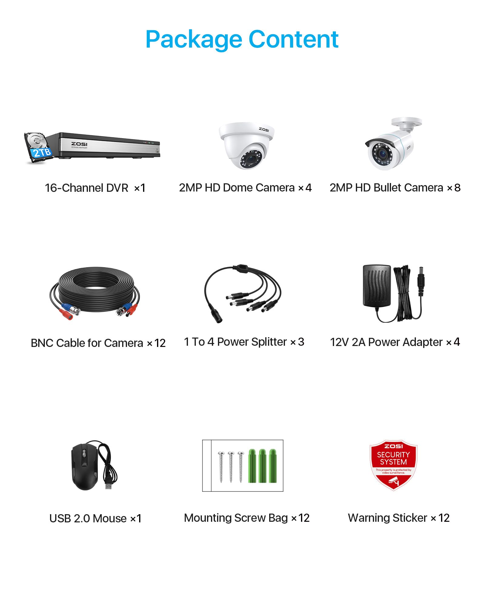 ZOSI 1080p 16 Channel Security Camera System, H.265+ 16 Channel DVR with Hard Drive 2TB and 12 x 2MP Weatherproof Surveillance CCTV Bullet Dome Camera Outdoor Indoor, 80ft Night Vision, 90° View Angle