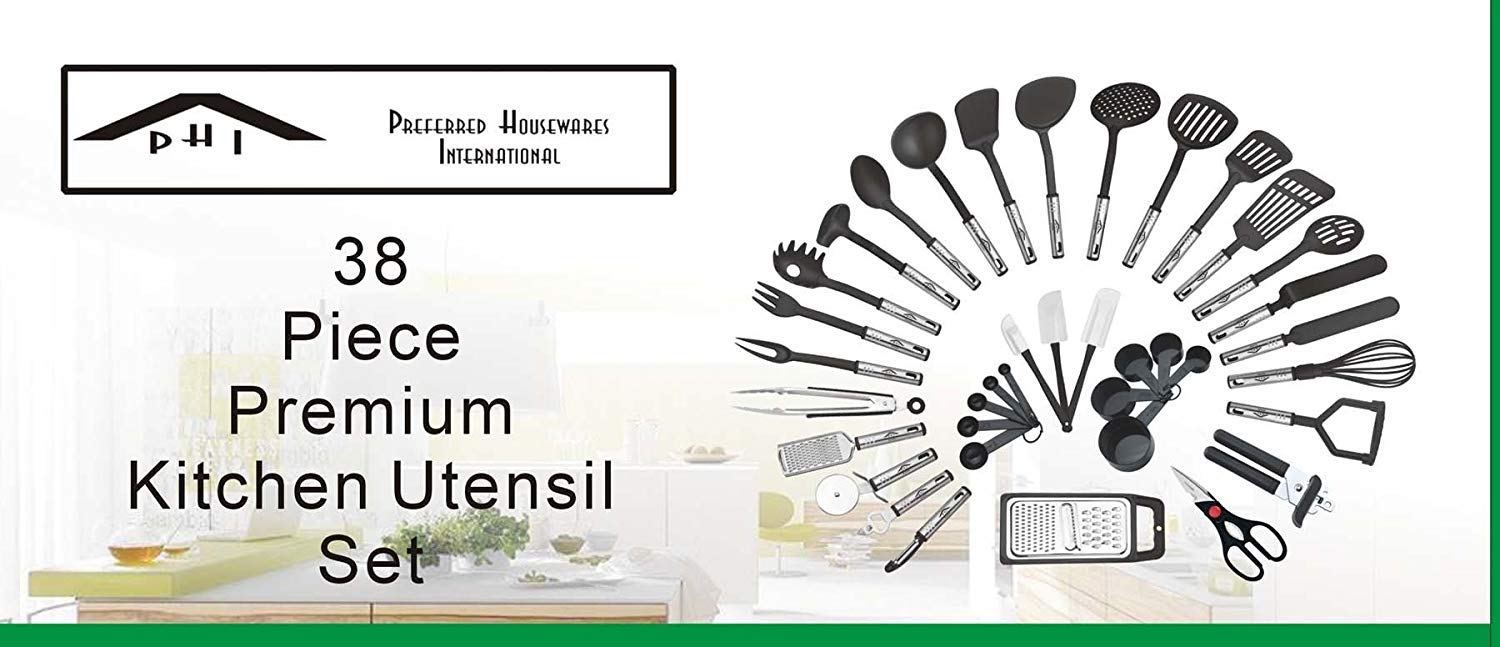 38-piece Kitchen Utensils Set Home Cooking Tools Gadgets Turners Tongs Spatulas Pizza Cutter Whisk Bottle Opener, Graters Peeler, Can Opener, Measuring Cups Spoons (Black)
