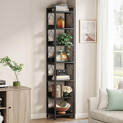 LITTLE TREE 7-Tier Narrow Bookshelf, 78.7-Inch Extra Tall Skinny Bookcase for Small Spaces, Freestanding Display Shelves, Multifunctional Corner Storage Organizer Unit for Home Office, Black