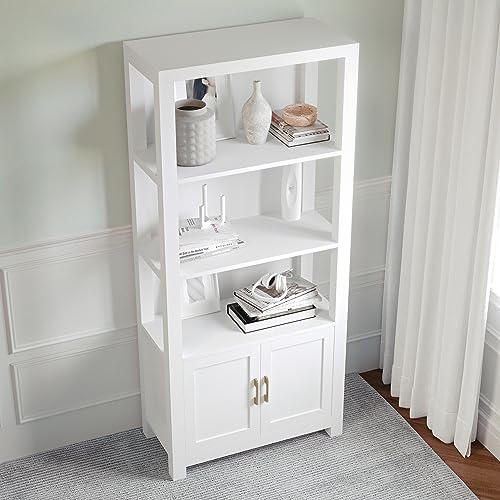 Martha Stewart Hutton Four Tier Shaker Bookcase with Storage Cabinet in White with Polished Brass Hardware