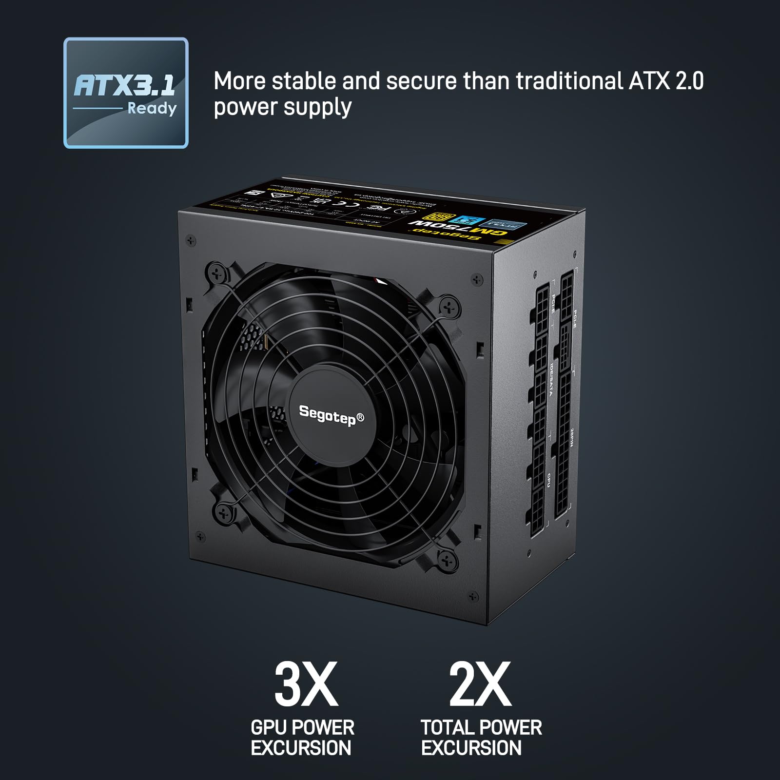 Segotep 750W Power Supply, 80 Plus Gold Full Modular PCIe 5.1 & ATX 3.1 Gaming PSU for NVIDIA RTX 20/30/40/50 Series & AMD GPU, 120mm Silent FDB Fan, Japanese Original Electrolytic Capacitors