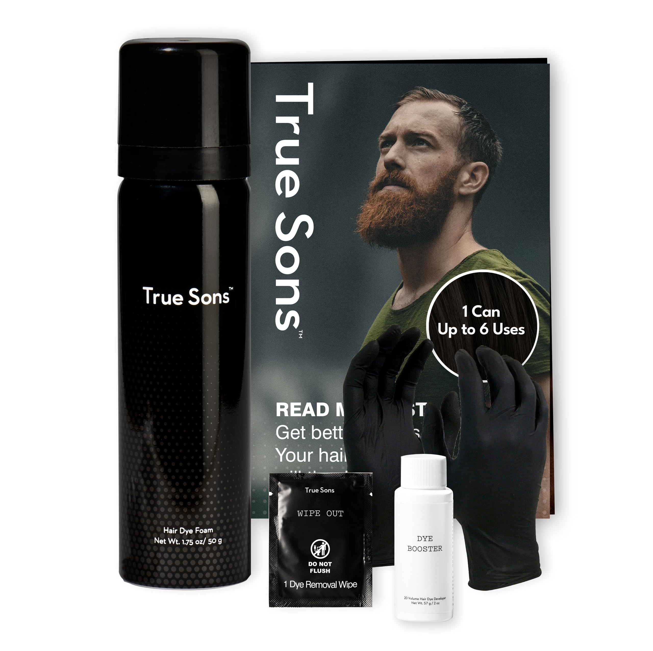 True Sons Hair Dye Foam for Men - Natural Look - Effortless, Multi-Use Dye Kit with Instant Color Booster Applicator, Ammonia-Free Formula For Sensitive Skin, Simpler Hair and Beard Dye (Brown Black)