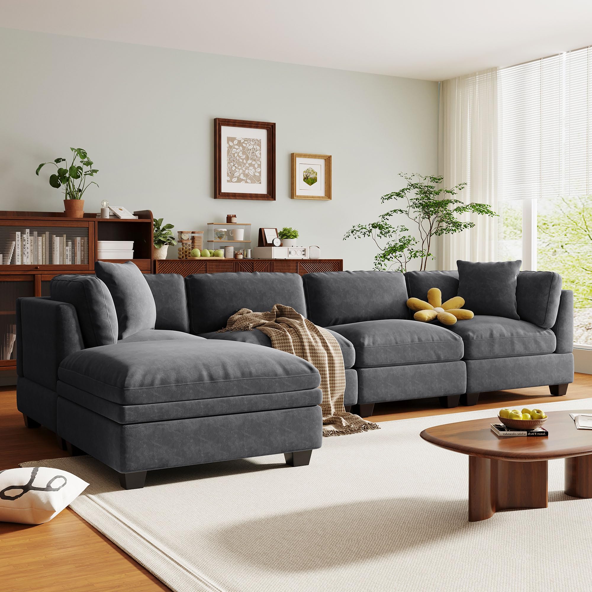 Merax Modern Upholstered Modular Sectional Sofa with Removable Storage Ottoman and Hidden Cup Holders Freely Combinable Indoor Furniture Sets for Apartments,Studio,Office, 5 Seat-L Shape, Grey