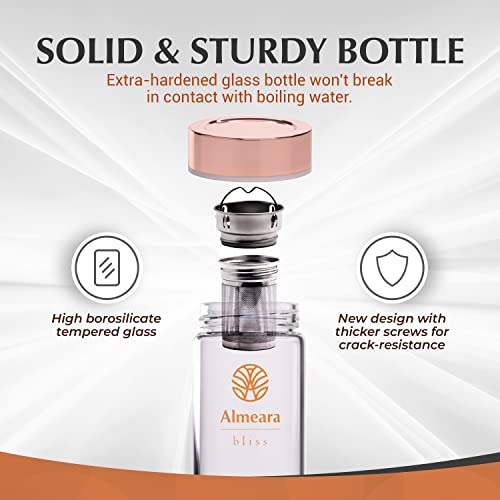 Almeara Crystal Water Bottle with Authentic Amethyst, Rose Quartz & Clear Quartz Removable Gemstones, Loose Leaf Tea Infuser - Relaxation, Healing & Spiritual Gifts for Women - Witchcraft Supplies