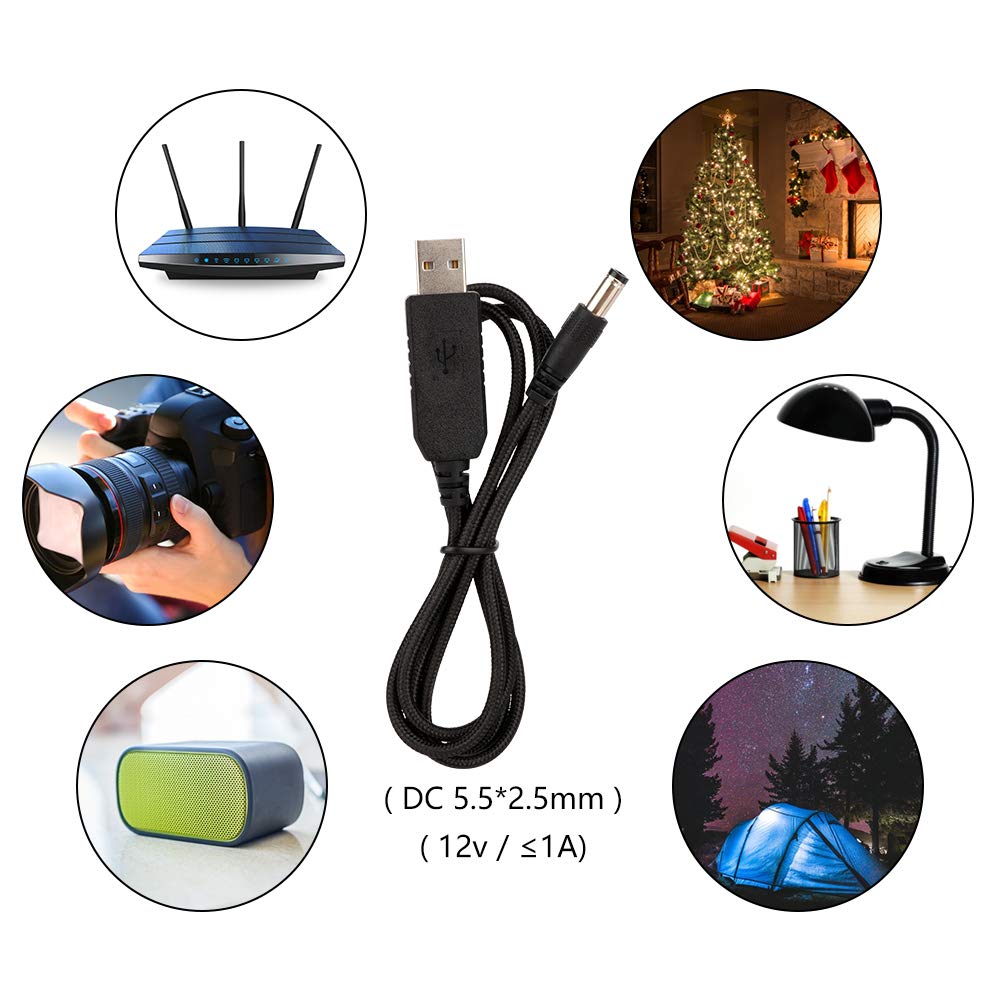 Moyina DC 5V to DC 12V USB Voltage Step Up Converter Cable,with Nylon Weave,for DC5.5mm*2.5mm,1.0M (5.5x2.5mm, Black)