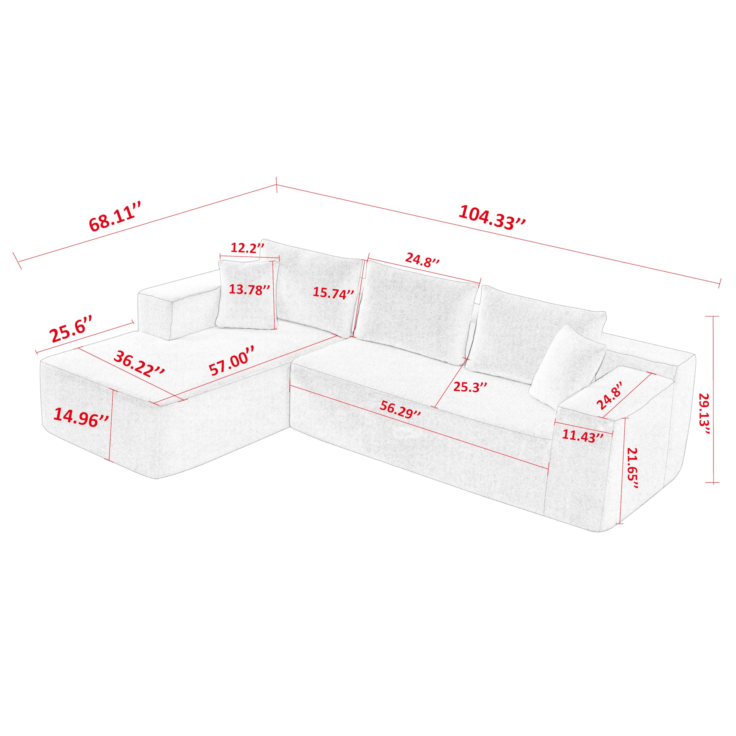 JUSTONE 104.33" Sponge Sectional Sofa Couch for Living Room, L Shaped Lamb Modular High Density Sponge Floor Sofa Couch with Chaise Lounge,Cloud Couch, Orange