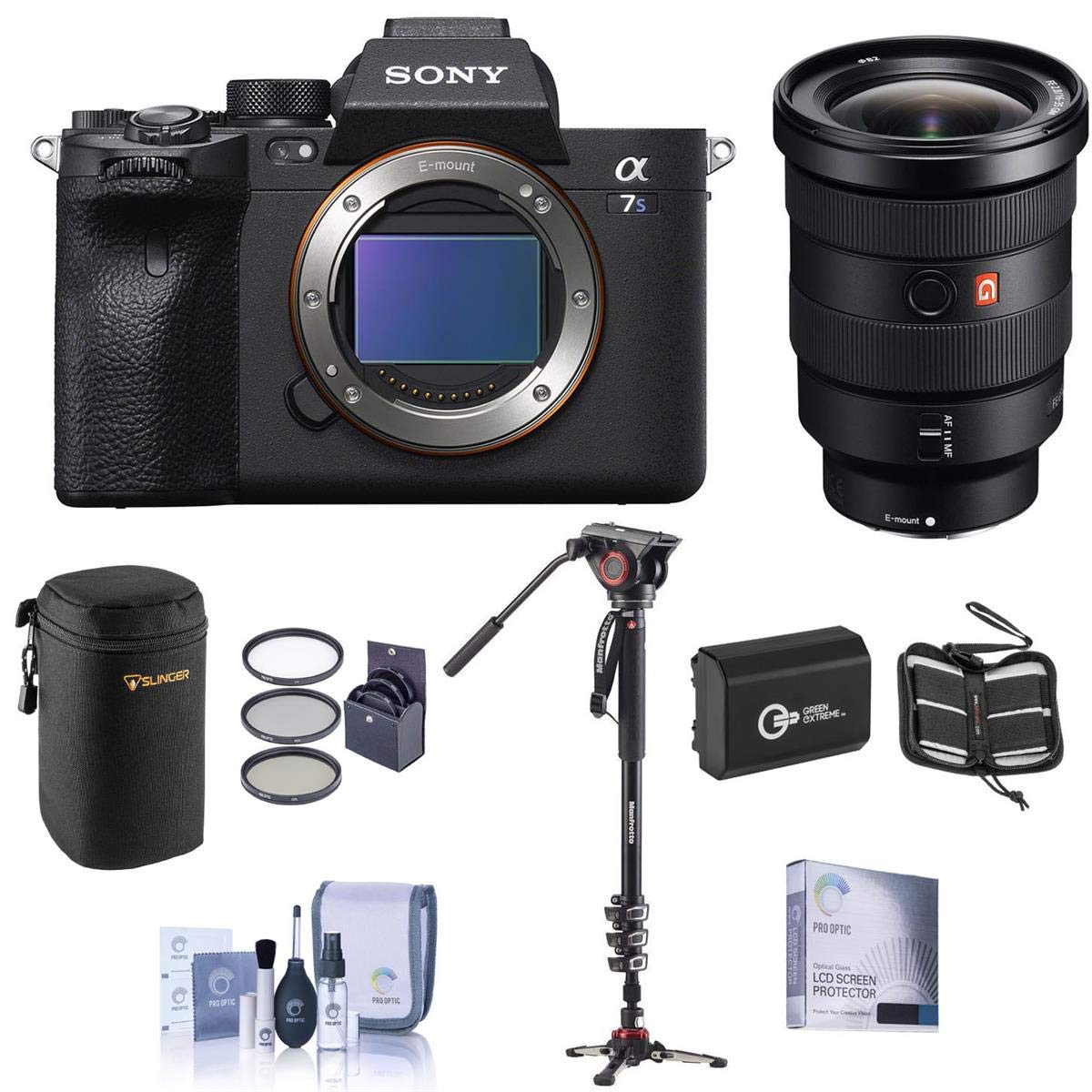 Sony Alpha a7S III Mirrorless Camera with 16-35mm f/2.8 Lens Bundle with Manfrotto XPRO Aluminum Monopod with Fluid Video Head, Filter Kit, Extra Battery, Lens Case and Accessories