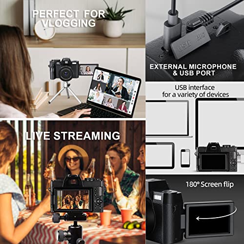 Monitech Digital Camera for Photography and Video, 4K 48MP Vlogging Camera for YouTube with 180° Flip Screen,16X Digital Zoom, 2 Batteries,32GB TF Card