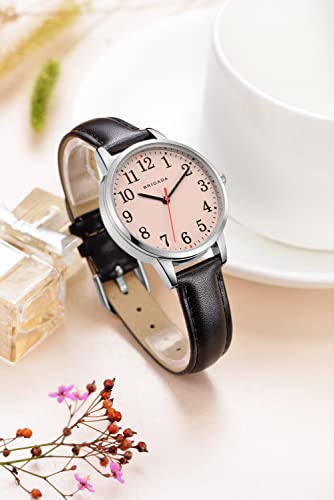 BRIGADA Women's Watch Nice Fashion Elegant Pink Black Leather Band Ladies Watch for Women