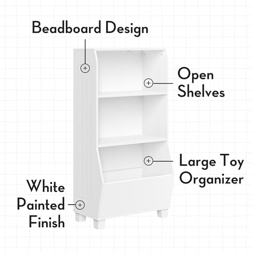 RiverRidge Kids Bookshelf with Veggie Storage Bin and 2 Open Shelves - Kids Storage Organizer, Toy Shelf & Kids Book Shelf with Deep Veggie Bin and Top Toy Display Area