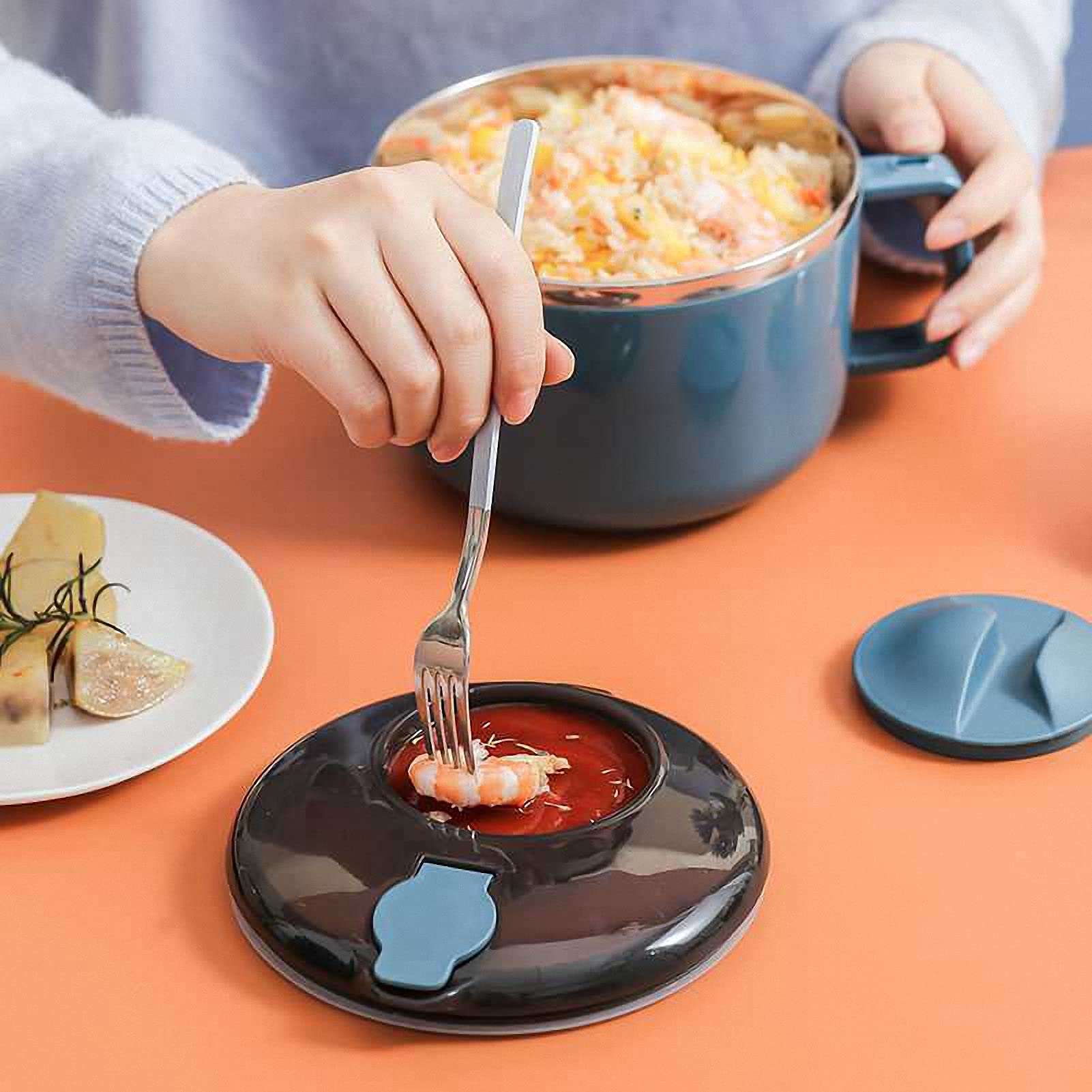 304 Stainless Steel Ramen Bowls,Insulation Bowls With Lid & Handle Ramen Cooker, Blue, 6.3x5.12x4.92