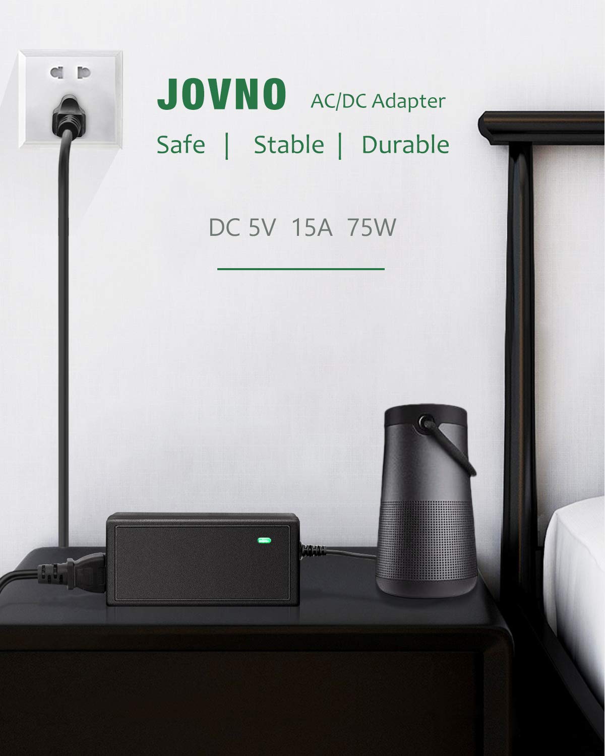 JOVNO 5V 15A Adapter, 100-240V AC to DC 5 Volt 15 Amp 75W Power Supply, 12A 10A 9A 8A Converter RGB LEDs Driver 5.5x2.5mm Tip 7.5ft Cord for Christmas Lights WS2812B WS2811 WS2813 SK6812 LED Strips