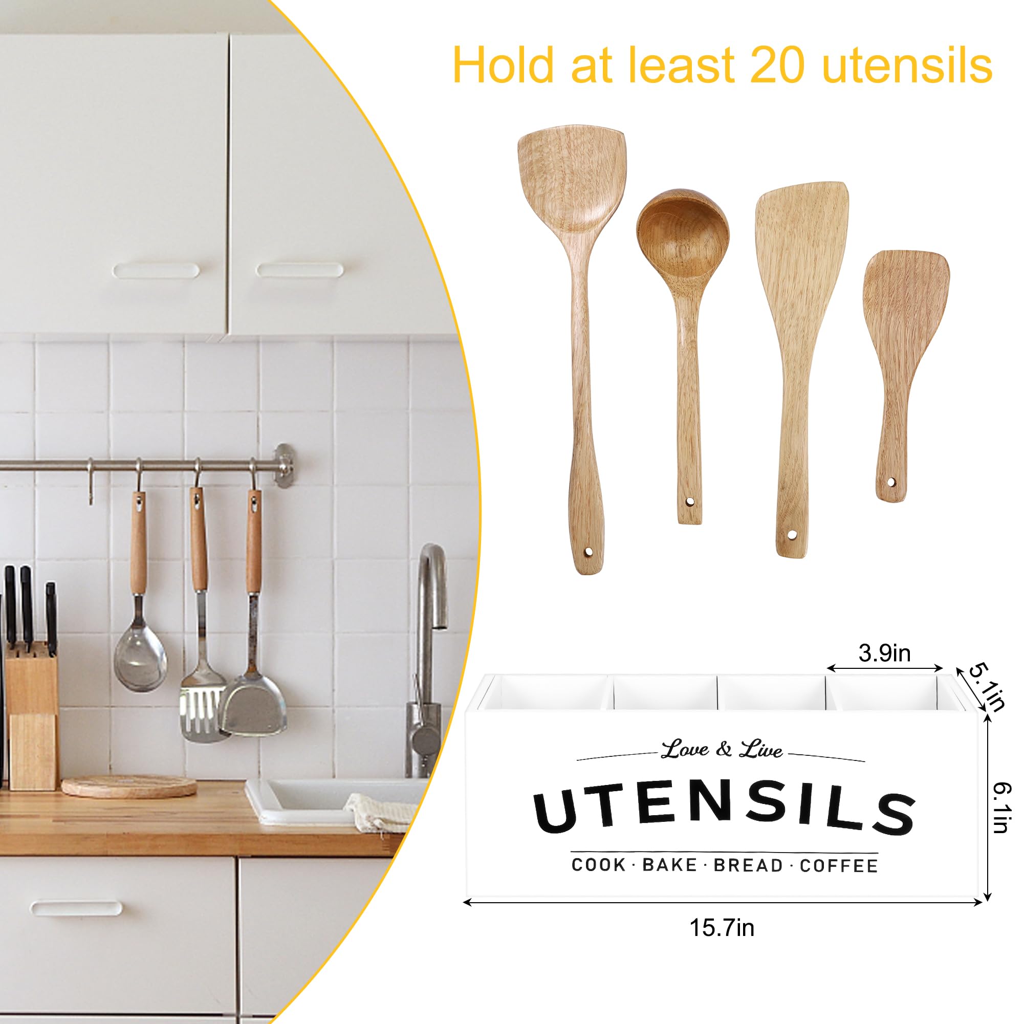 AiMQnLe Extra Large Utensil Holder - 4 Compartments Kitchen Utnesil Organizer, Wooden Cooking Utensil Crock for Kitchen Countertop, Kitchen Counter Decor (White