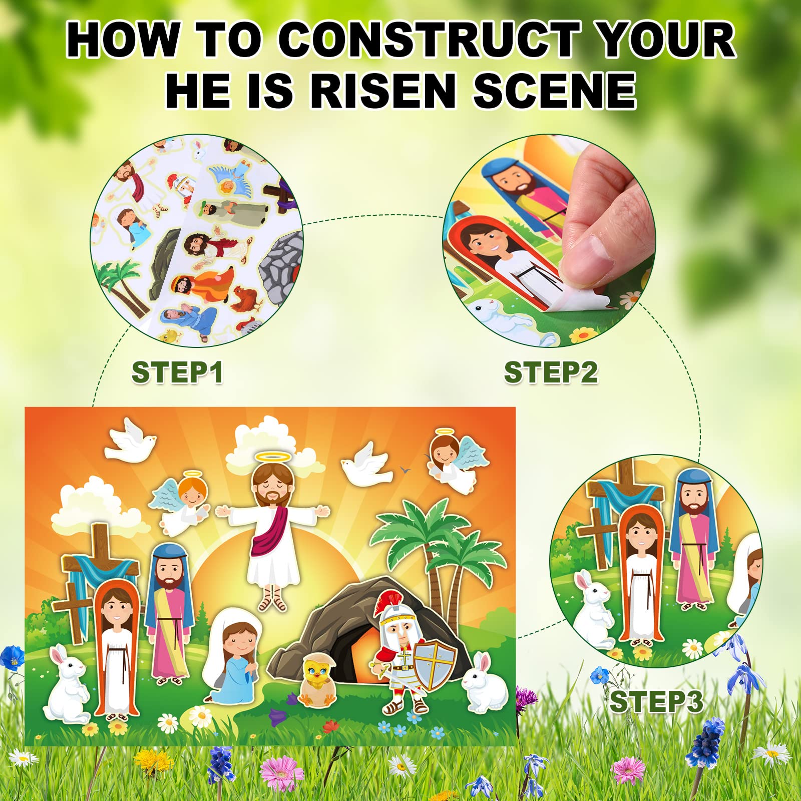64 Sheets Religious Easter Sticker He Lives Scenes Craft Kit for Kids Resurrection Stickers Sunday School Classroom Craft He is Risen Scene for Kids Party Game Easter Art DIY Project Supplies