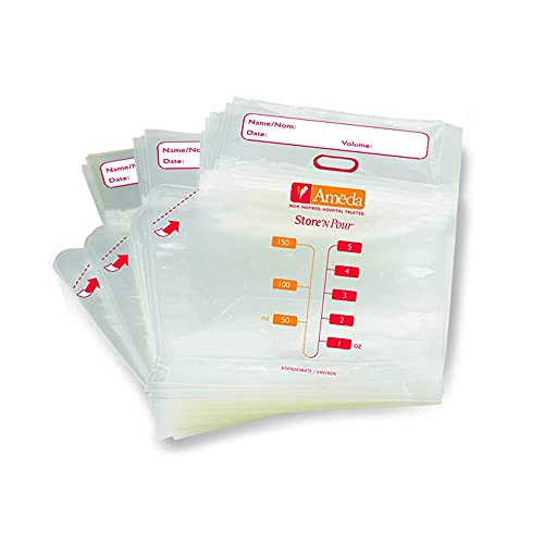 Ameda Store N Pour Breast Milk Storage Bags with Adapters, 20-Count, Resealable Breast Milk Storage Bags with Easy-Pour Spout for Storing Breast Milk in Refrigerator or Freezer