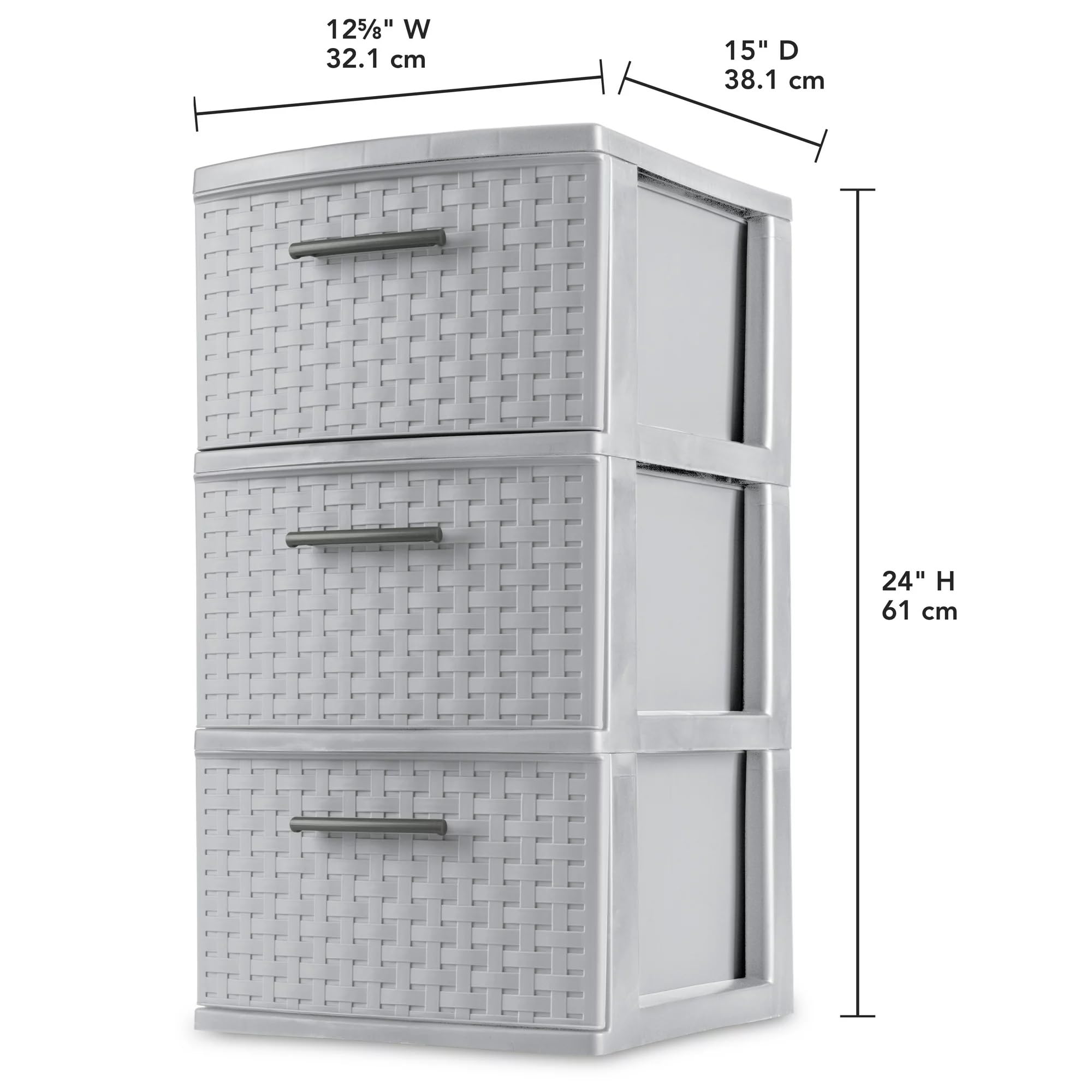 3-Drawer Wide Weave Design Storage Tower, Gray Frame & Drawers w/Driftwood Handles, Brown, Case of 1 (Gray)