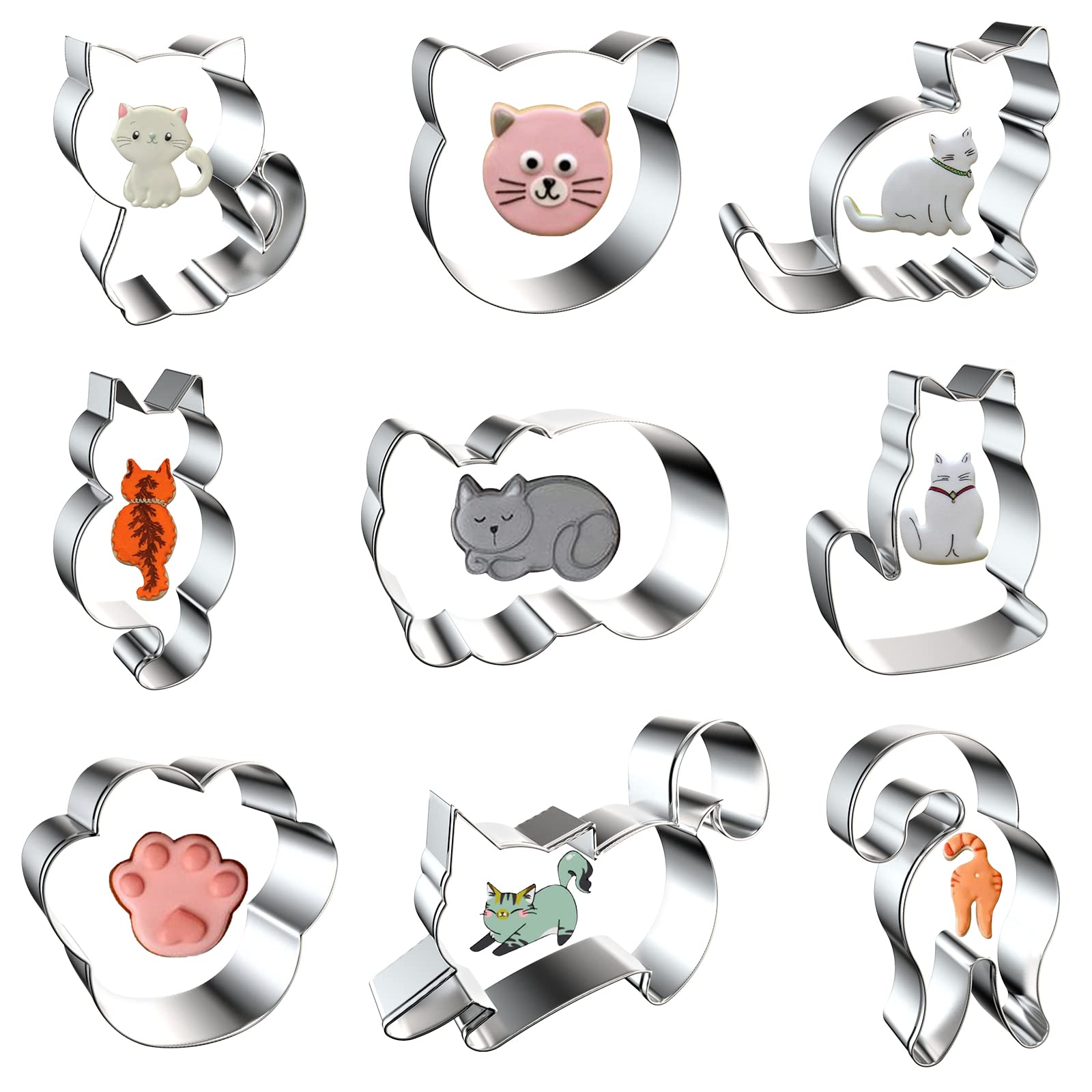9 PCS Cat Cookie Cutters Set, Assorted Cat Shape Metal Cookie Cutters, Cat Face, Cat Butt, Cat Paw Cookie Cutters Molds for Baking Cat Party Supplies, Silver