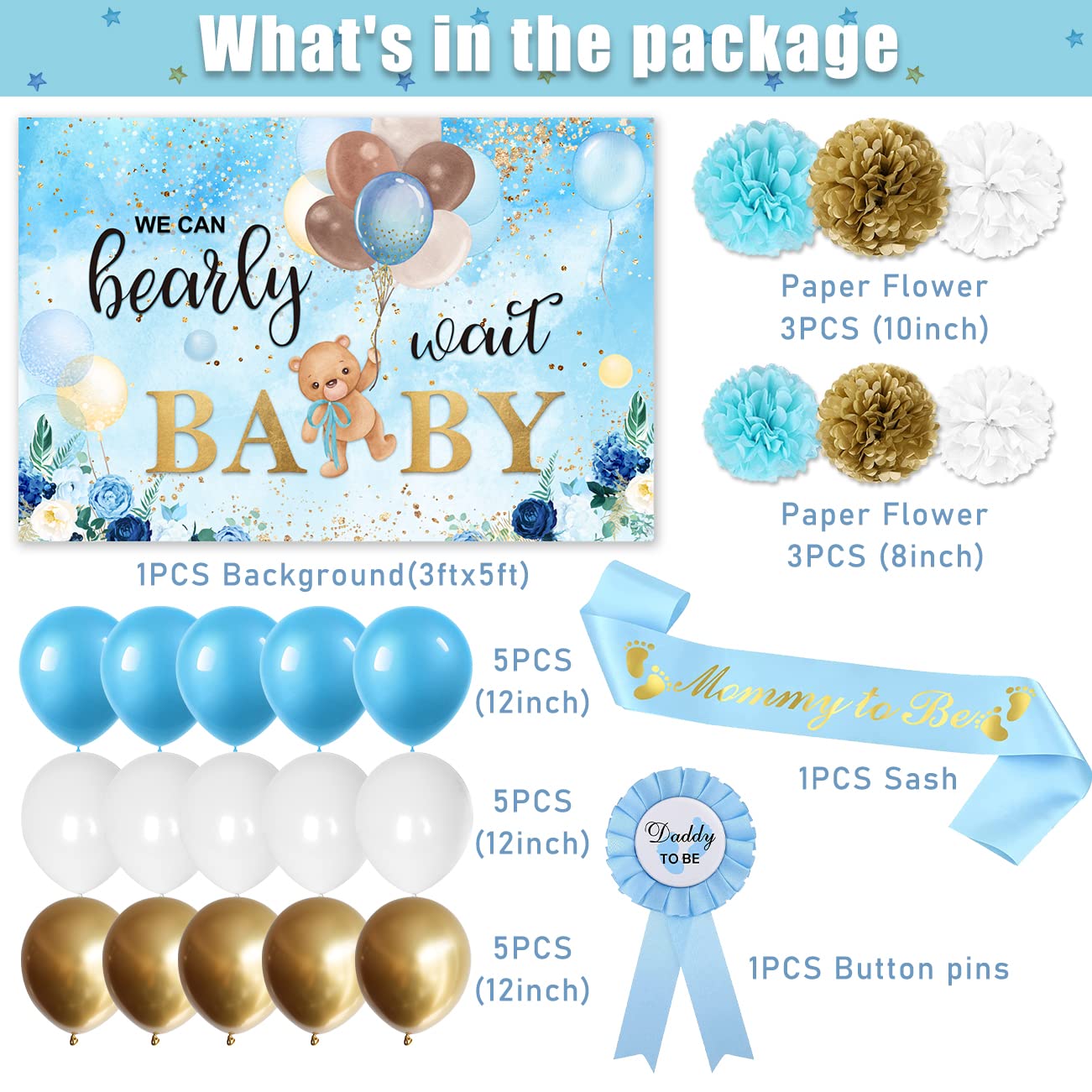 We Can Bearly Wait Baby Shower Decorations,Teddy Bear Baby Shower Decorations for Boy with Backdrop and Plates, Napkins and Cups,Mommy To Be Sash