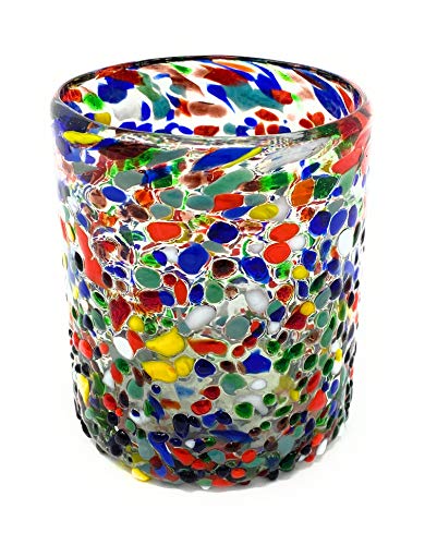 Hand Blown Mexican Drinking Glasses – Set of 6 Confetti Rock Tumbler Glasses (10 oz each)