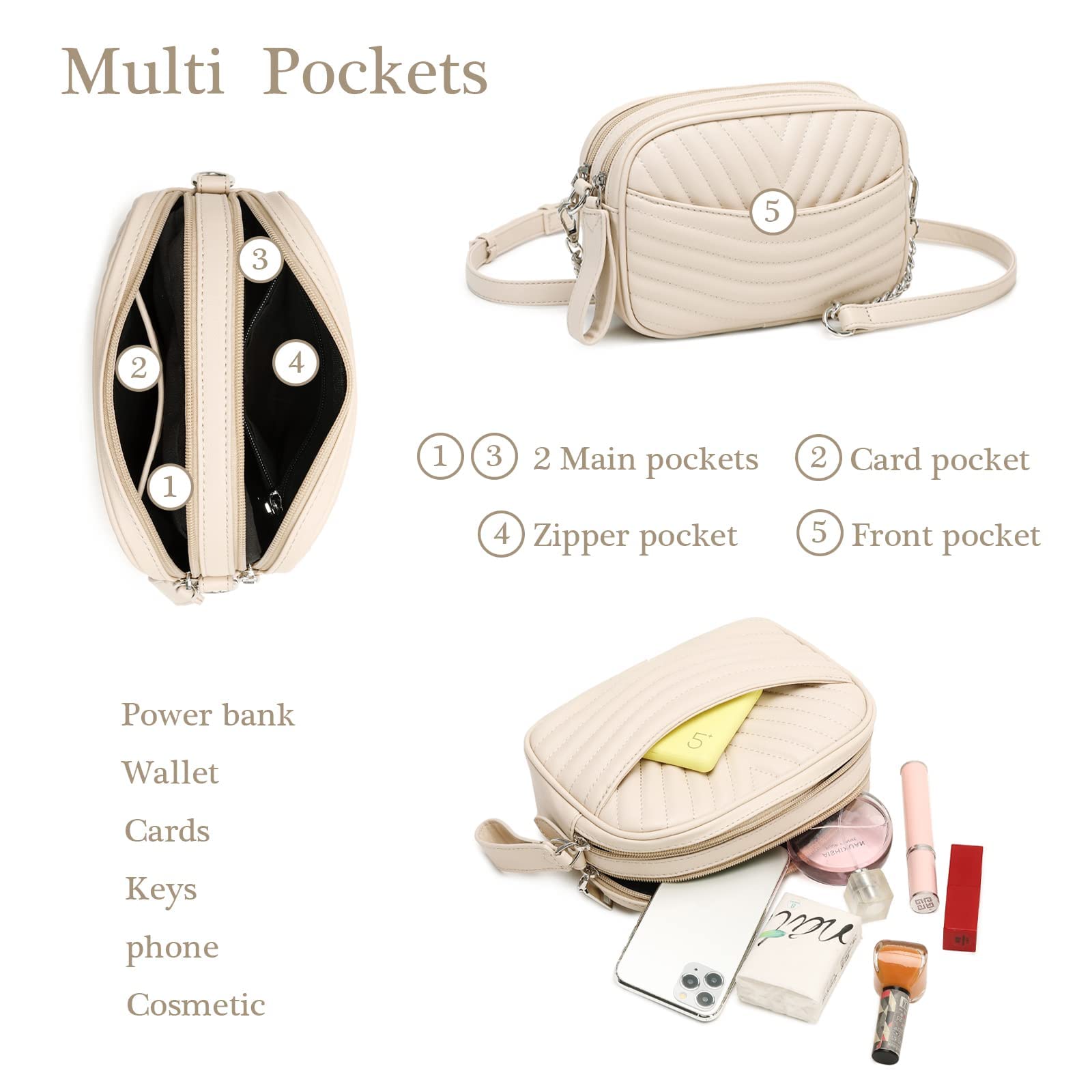 Crossbody Bags For Women, Small Quilted Purses Lightweight Camera Bag Stylish Double Zipper Shoulder Purse And Handbags Beige