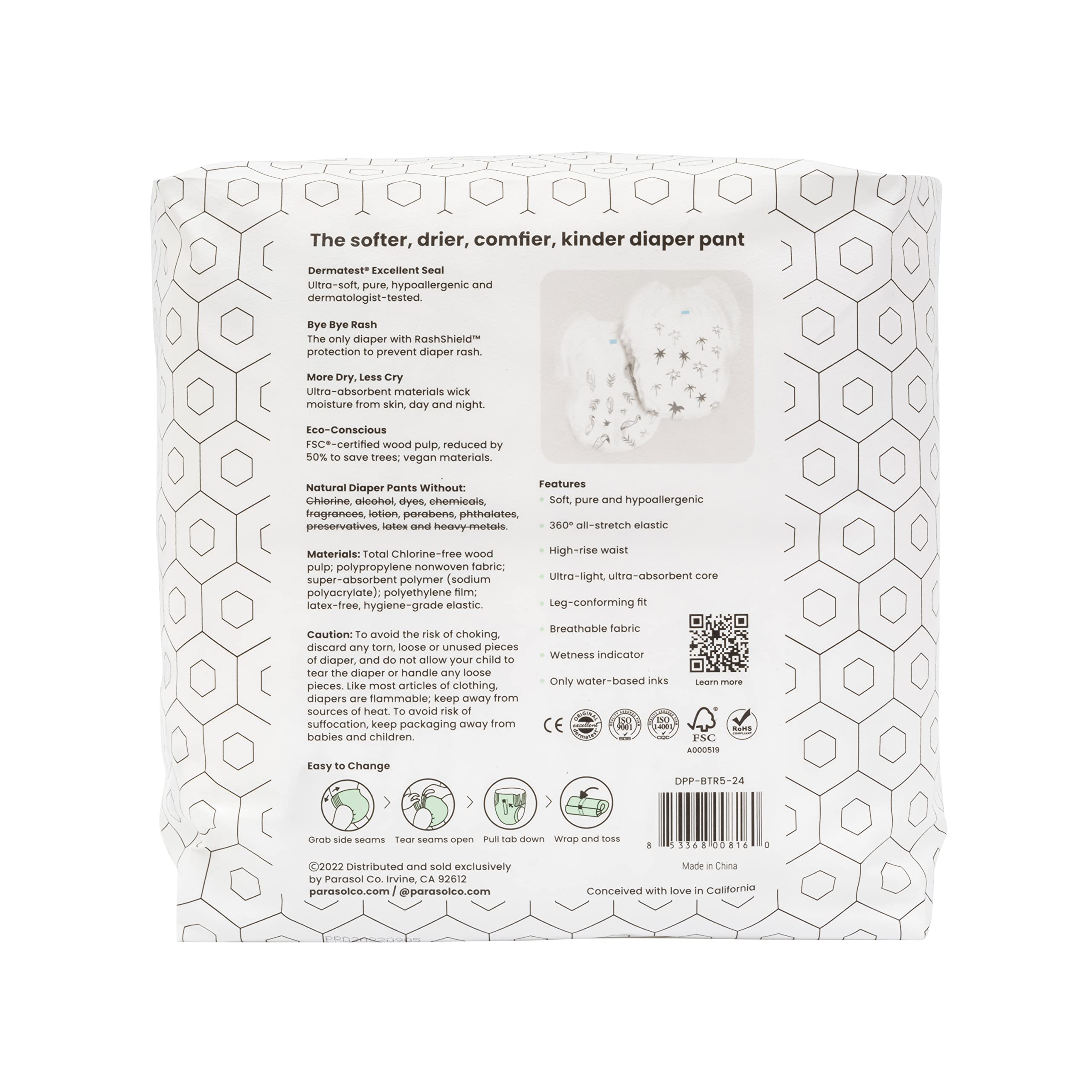 Parasol Clear+Dry™ Diaper Pants | Natural Training Diaper | Pure Ingredients, Water Based Ink, Non-Woven Fabric with Dermatest Excellent Seal | Rash Protection Diaper Set, Size 5 (26+ lbs.) 24 Count