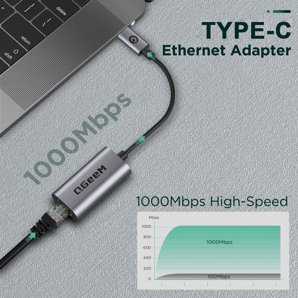USB C to Ethernet Adapter, QGeeM Gigabit Ethernet to USB Type C, Thunderbolt 3/4 to RJ45 LAN Network Adapter Compatible for iPhone 15 Pro/max, MacBook Pro/Air, iPad Pro, Dell XPS etc