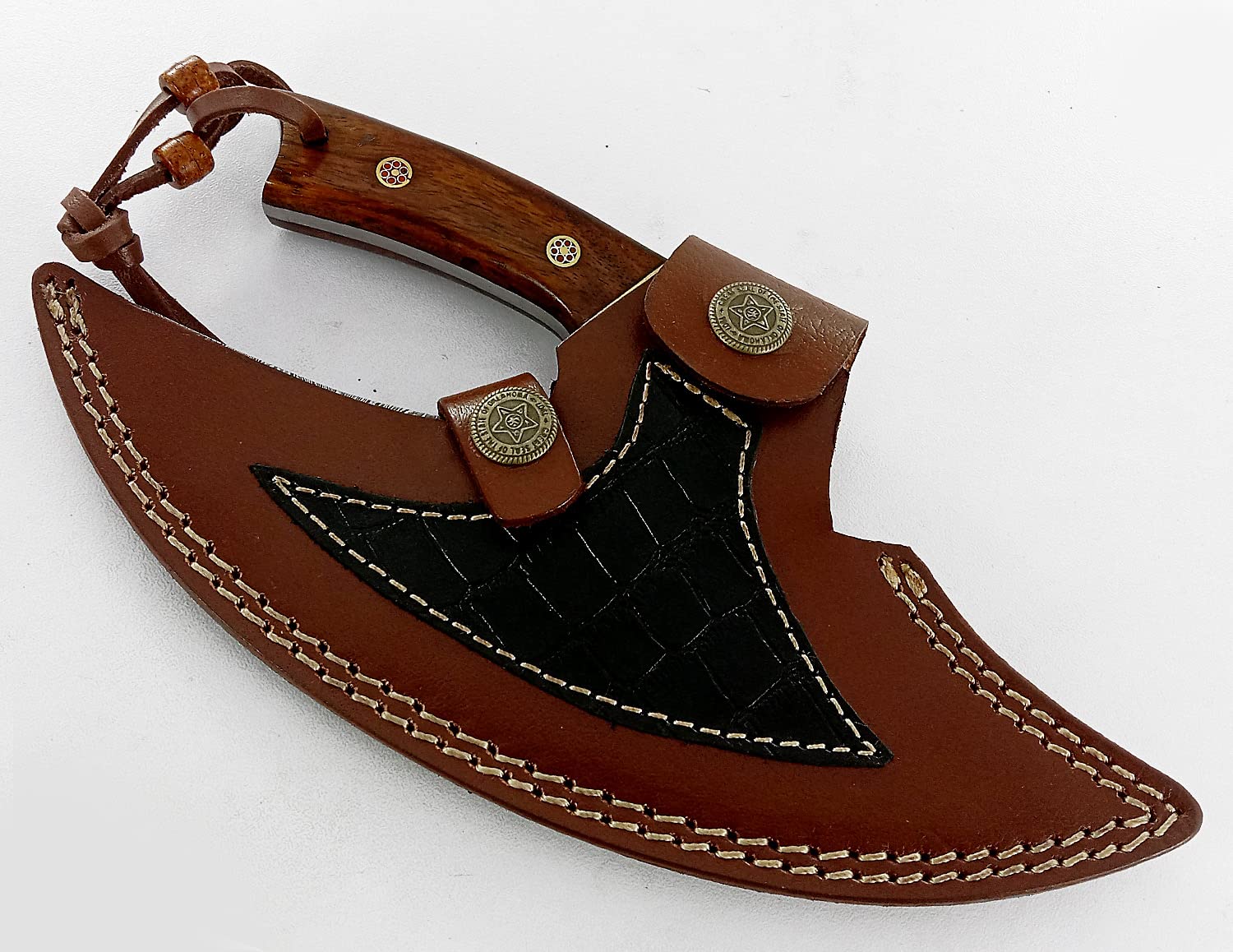 Damascus Steel alaskan Ulu Knife - Fixed Blade knife for Chopping Boning Slicing Cutting,Solid Burl Rose Wood Handle with Leather Sheath.SM145
