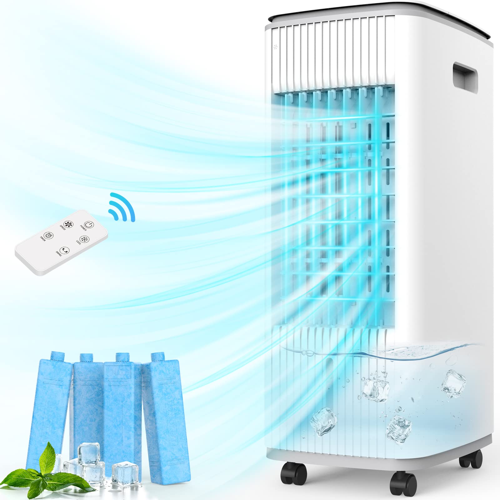 3-IN-1 Evaporative Air Cooler, Portable Air Conditioner w/Cooling/Humidify, Cooling Tower Fan with Remote, 70° Oscillation & 7H Timer Swamp Cooler, Windowless Evaporative Cooler for Room, Ice Packs*4