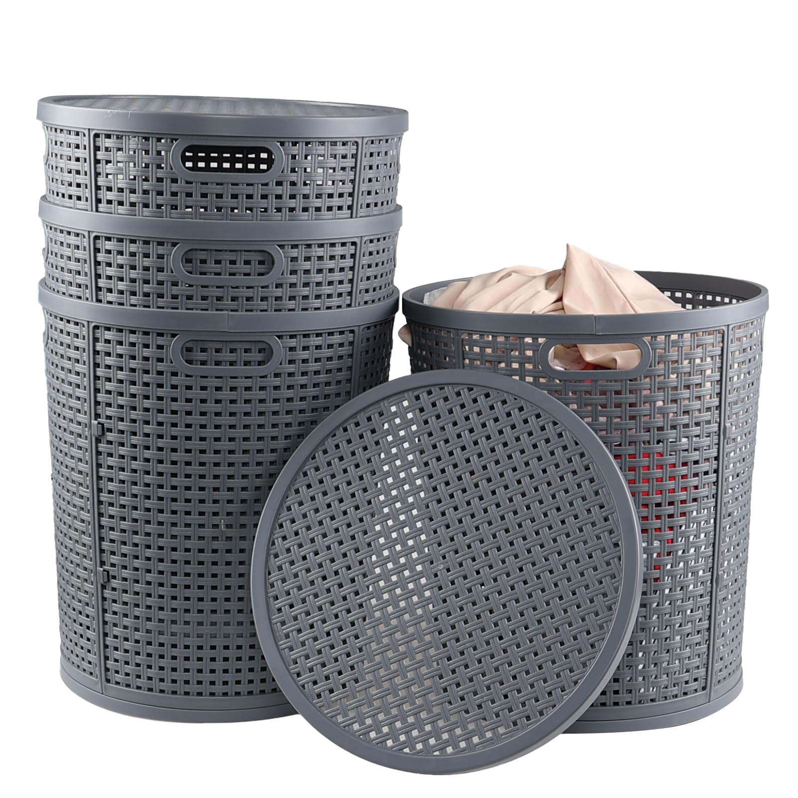 Qqbine 4 Packs 40 Liter Round Plastic Laundry Baskets, Grey Plastic Dirty Clothes Hampers with Lids
