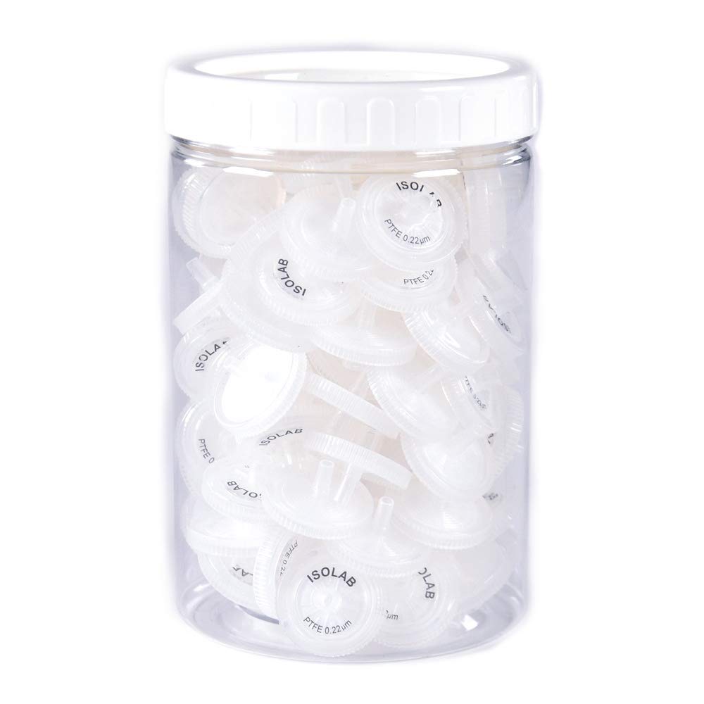 ISOLAB USA - Syringe Filters PTFE Membrane 25mm Diameter 0.22 um Pore Size Non Sterile Pack of 100. Water, Chemicals and Beverage Filtration.