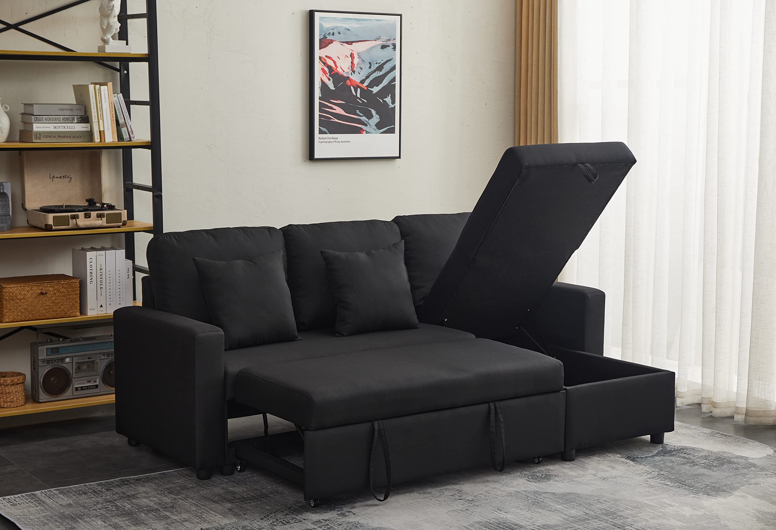 Bonrcea Sleeper Sectional Sofa with Storage Sofabed, Black