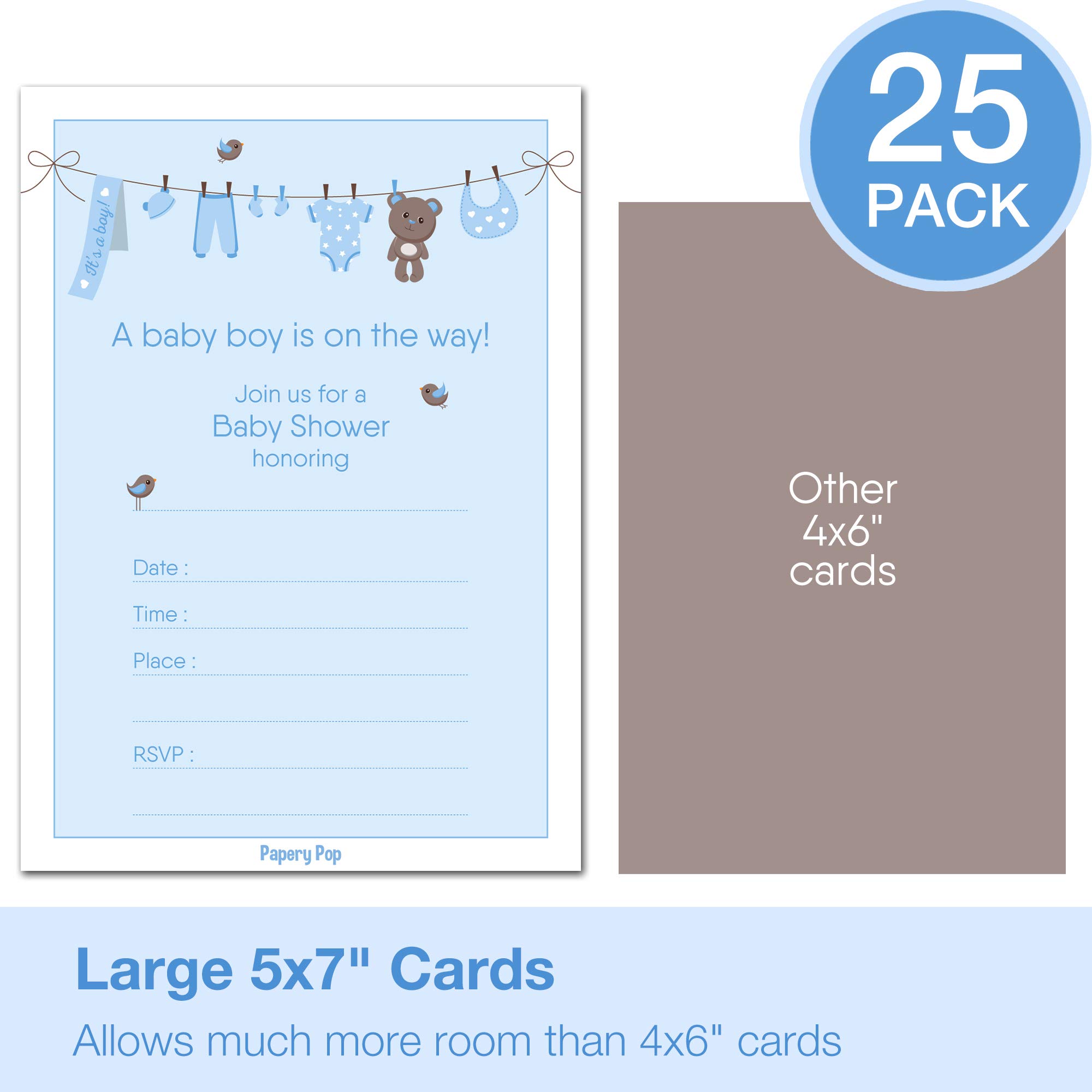 Set of 25 Baby Shower Invitations for Boy with Envelopes, Diaper Raffle Tickets and Baby Shower Book Request Cards