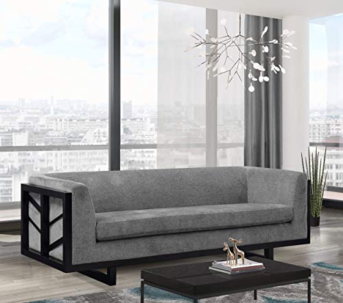 Iconic Home Arianna Sofa Linen-Textured Upholstery Espresso Finished Lattice Wood Frame, Modern Transitional, Grey