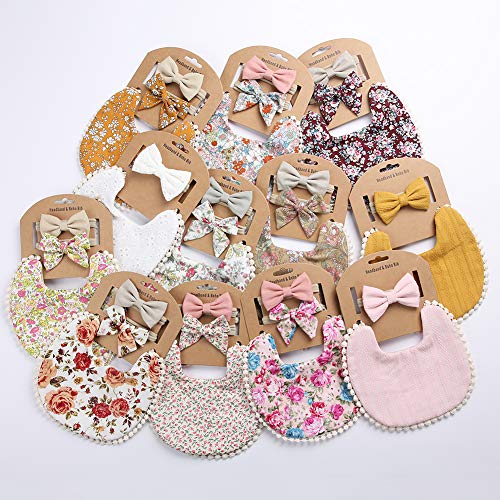 KIDOCHEESE Baby Bibs for Girls Reversible Boho Double-Deck Cotton Drooling Bibs with Nylon Headband Set (SET-02)