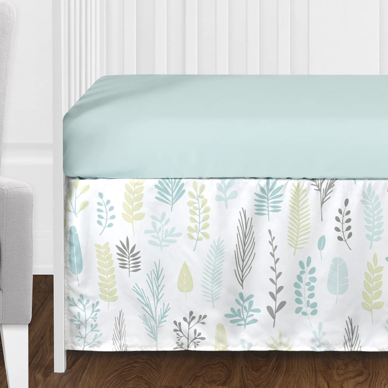 Sweet Jojo Designs Blue and Grey Jungle Sloth Leaf Baby Unisex Boy or Girl Nursery Crib Bedding Set - 11 pieces - Turquoise, Gray and Green Tropical Botanical Rainforest