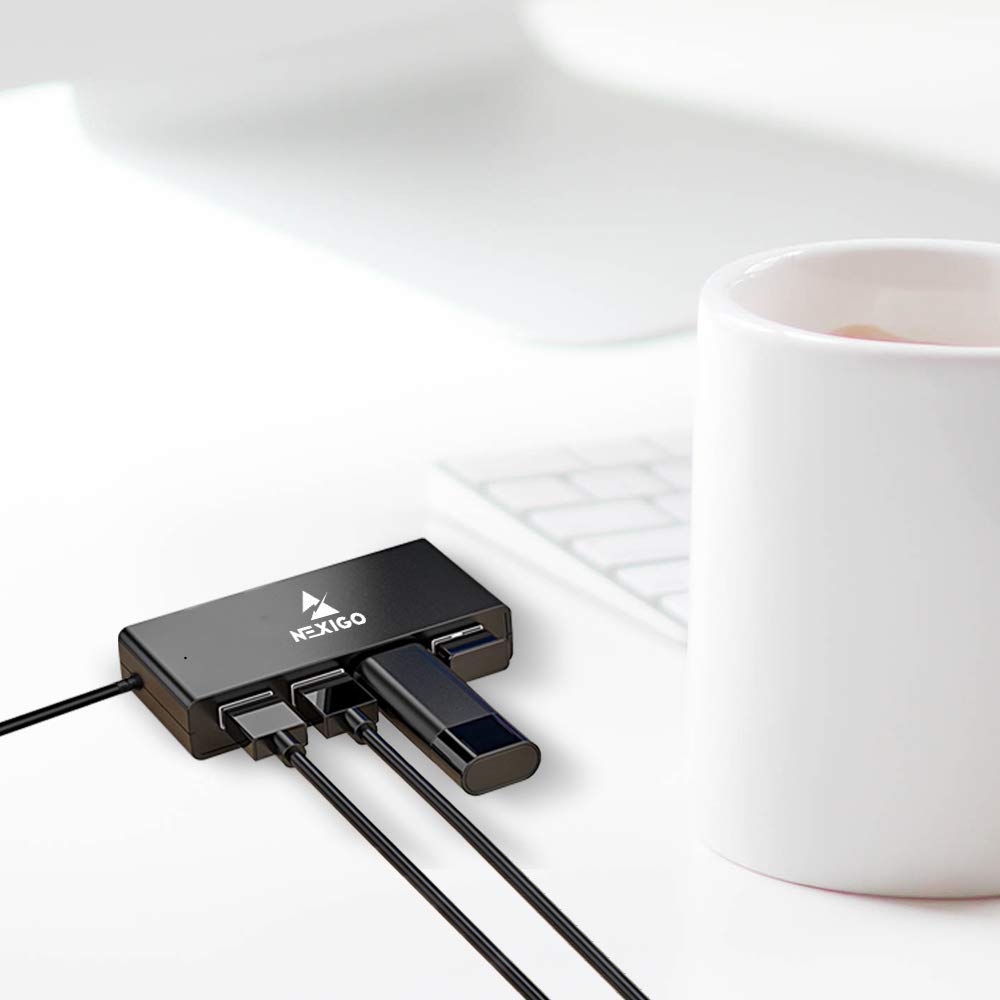USB Hub with USB C Connector, NexiGo 4-Port 2 ft Slim Ultra USB 3.0 Hub, Thunderbolt 3 to USB 3.0 Adapter (Black), for MacBook, Mac Pro, Mac Mini, iMac, Surface Pro, XPS, PC, Flash Drive, Mobile HDD