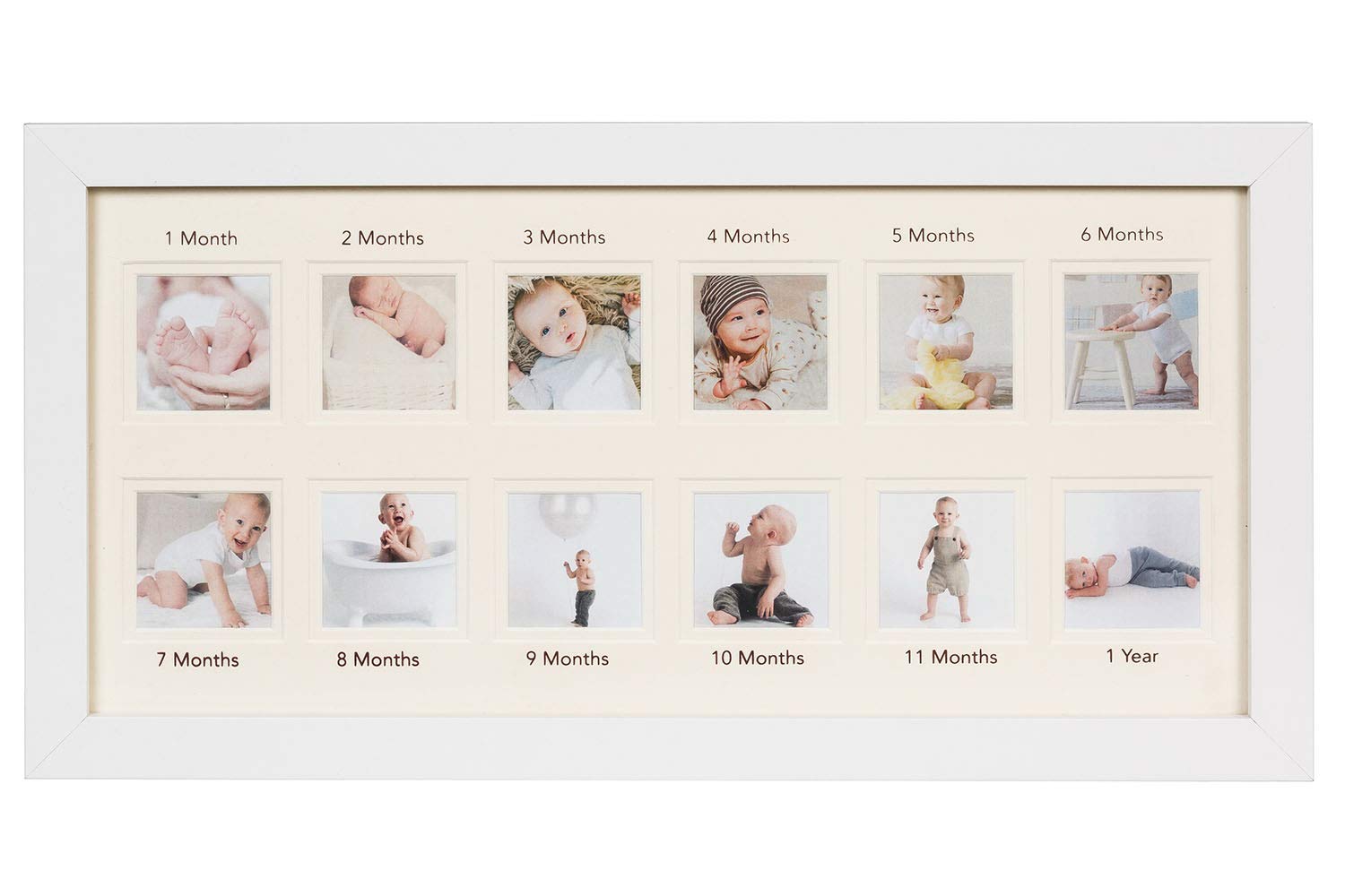 WOOD SIDE ORBIS First Year Newborn Baby Collage Keepsake Picture Frame for Photo Memories with Double Beige Mat and Twelve 2.5x2.5 Slots - White